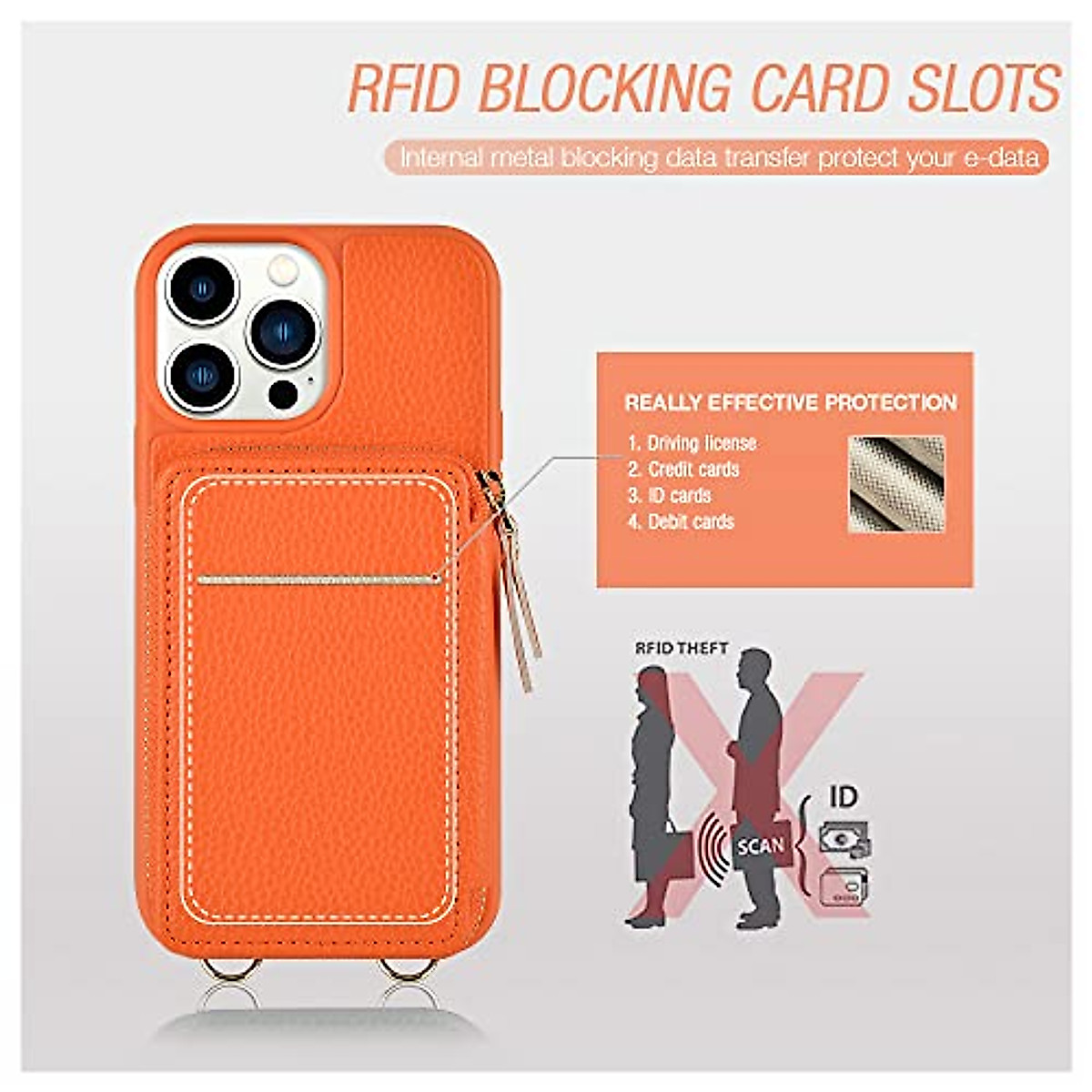ZVE for iPhone 13 Pro Wallet Case Crossbody, Zipper Phone Case with RFID Blocking Card Holder Wrist Strap Purse Cover Gift for Women Carrying Compatible with iPhone 13 Pro (6.1 inch, 2021)-Orange