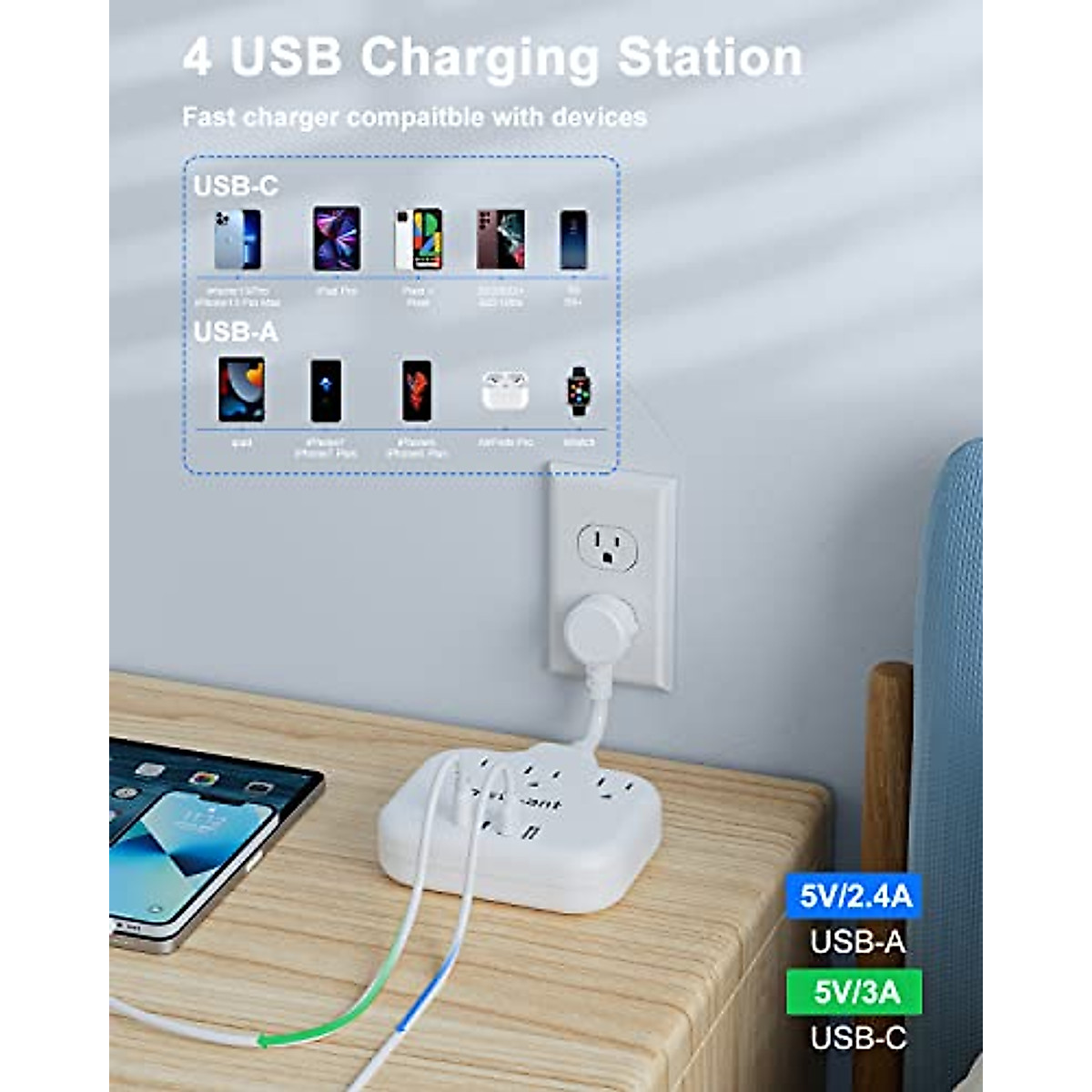 Multi Plug Outlet Splitter, 0.2ft Ultra-Short Cord Power Strip, 3 Outlets, 4 USB Ports, Multiple Outlet Extender, Non-Blocking, Non-Surge Protection for Cruise, Travel, Office, Dorm, Kitchen, White
