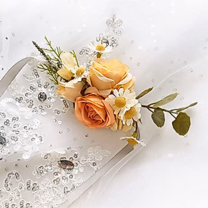 USIX Artificial Vintage Champagne Yellow Rose Wrist Corsage Set of 2 Pieces Bride Bridesmaid Wristlet Hand Flower for Wedding Prom Homecoming Dance