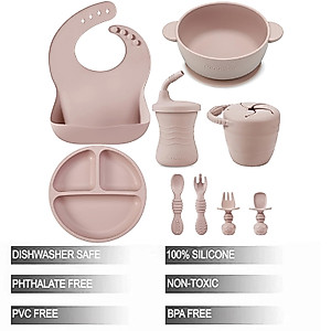 PandaEar Silicone Baby Feeding Set | 9PCS Baby Led Weaning Supplies Self Feeding Utensils | Divided Suction Plate Bowl Bibs Sippy Cup with Baby Snack Container Spoons Forks (Pink)