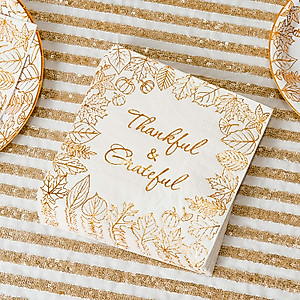 Crisky 24 Guests 96 Pcs Thanksgiving Disposable Napkins Plates Cups Set for Autumn Thanksgiving Dinner Party Decorations, Thankful and Grateful in Orange Foil