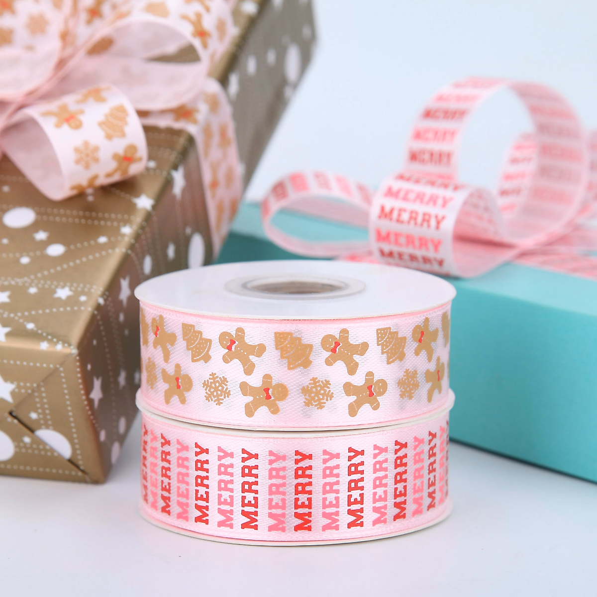 Meseey Gingerbread Ribbon 7/8 Inch 20 Yards Pink Merry Christmas Candy Cane Fabric Craft Ribbon for Christmas Gift Wrapping Wreath Bow DIY Crafts Supplies (Pink Merry Gingerbread)