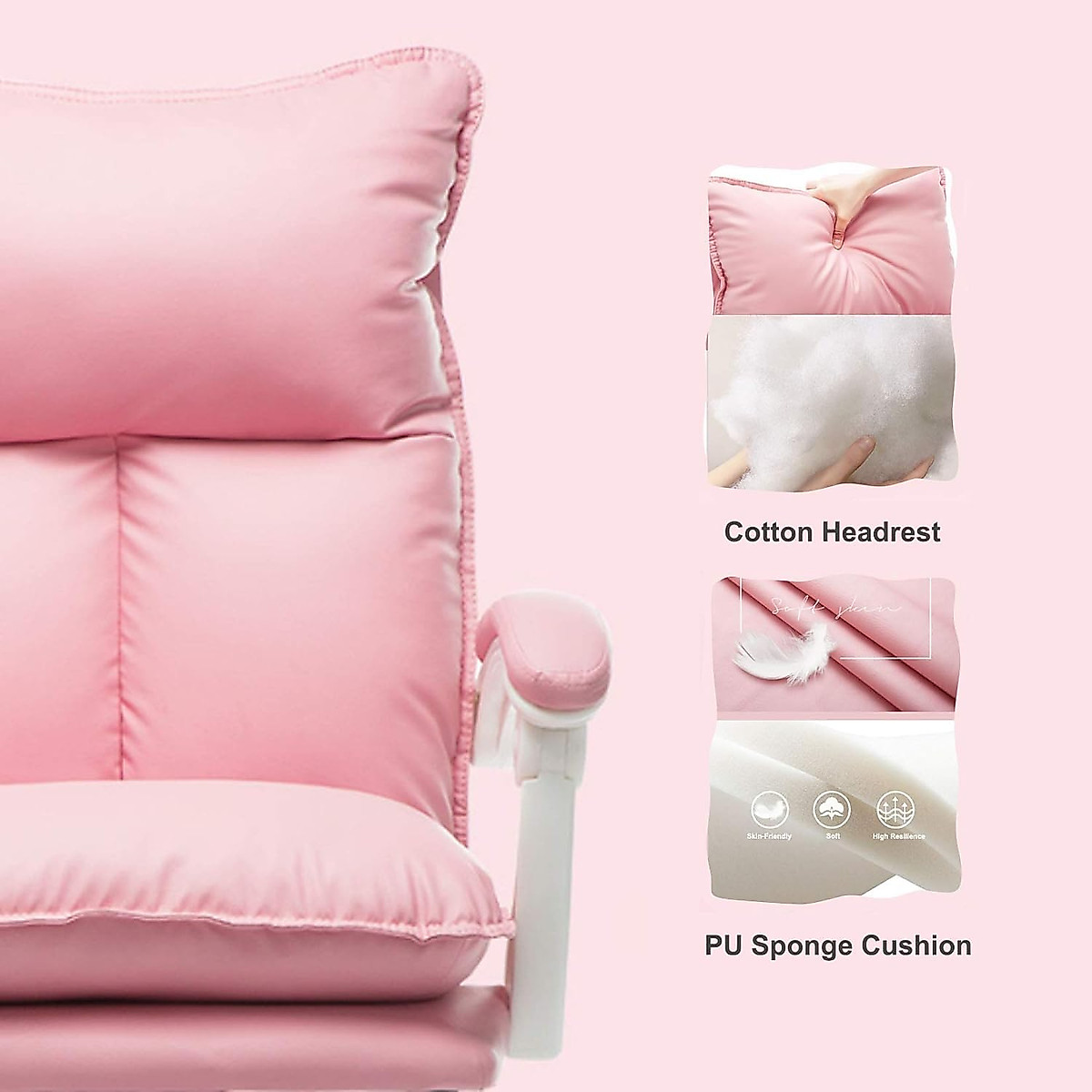 Computer Chair, Ergonomic High-Back Computer Desk Chair PU Leather Executive Swivel Adjustable Home Chair with Cotton Headrest for Women (Color : Beige)