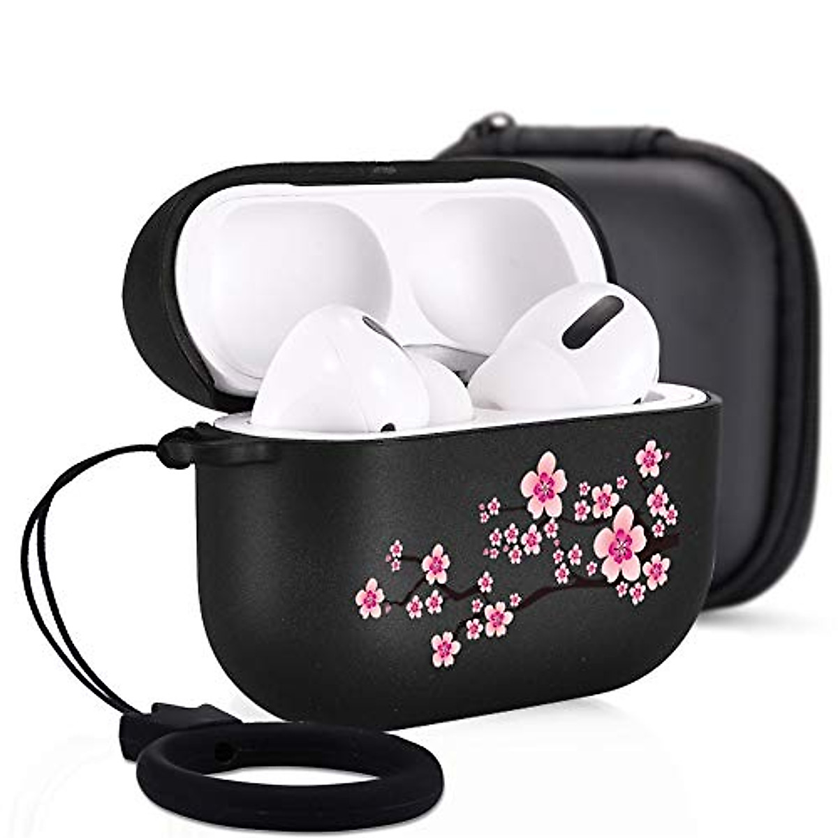 Cherry Blossom Case for Airpods Pro with Keychain, MAYCARI Cute Pink Floral Girls and Women Back Cover Protective Soft TPU Case for Airpod Pro