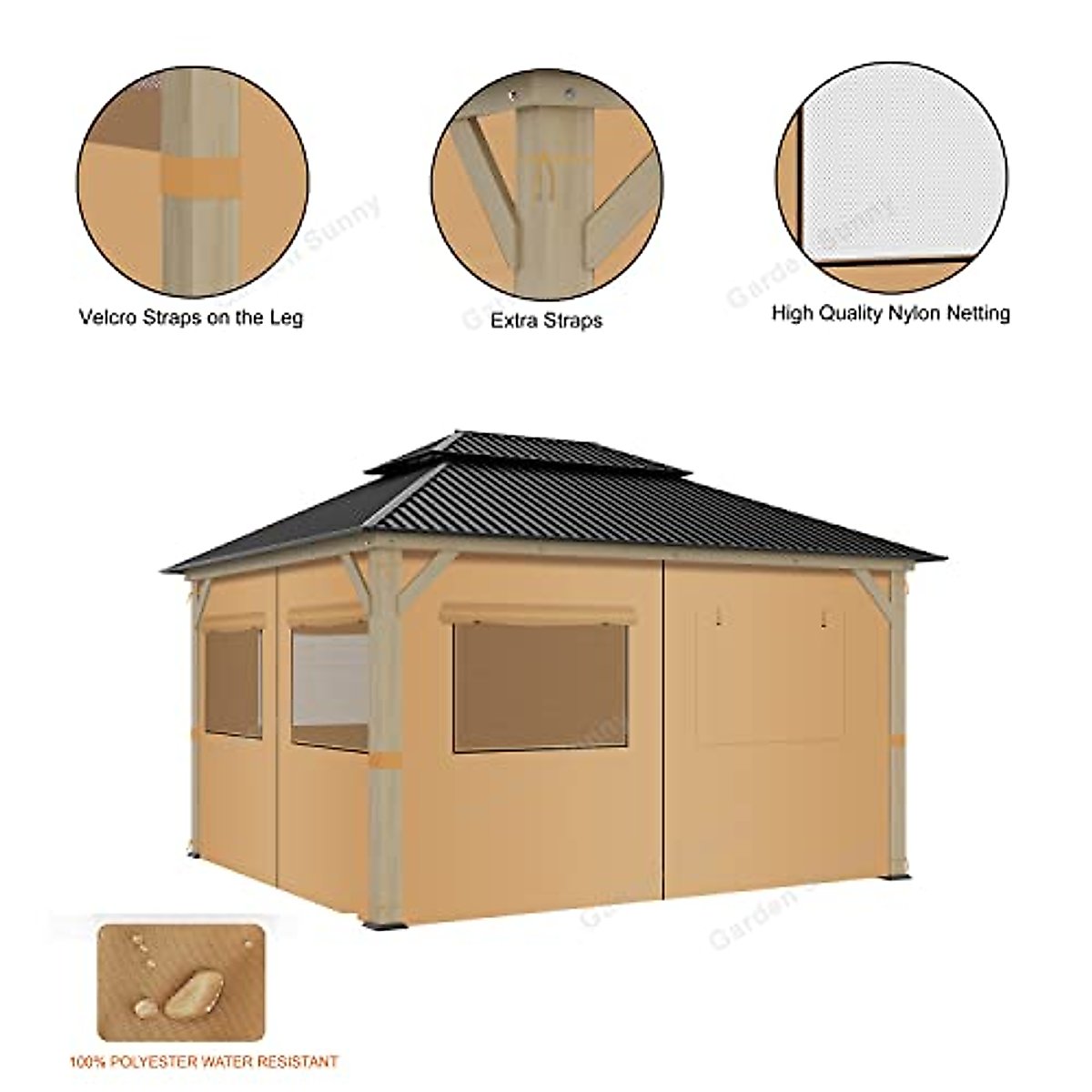 Garden Sunny 10'x10' Gazebo Universal Replacement Privacy Curtains with Mosquito Windows - Closable Screen with Zipper 2 in 1 Design 4-Panels Protecting Shade Set (Only Sidewasll and Netting)- Khaki