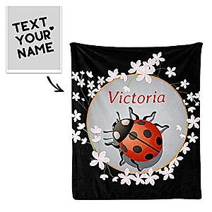 Custom Blanket with Name Text,Personalized Cute Ladybug on Pink Flower Super Soft Fleece Throw Blanket for Couch Sofa Bed (50 X 60 inches)