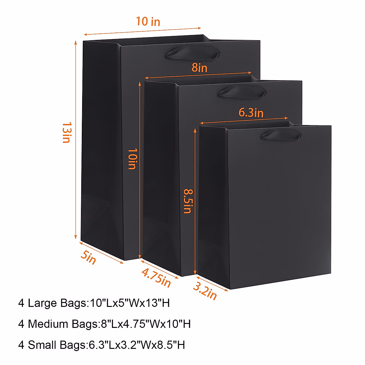 QIELSER 12 Pack Black Gift Bags with Ribbon Handles, Kraft Paper Gift Bags 3 Different Sizes in 8.5", 10" and 13" for Party Favor, Wedding, Retail Merchandise, Baby Shower, Christmas