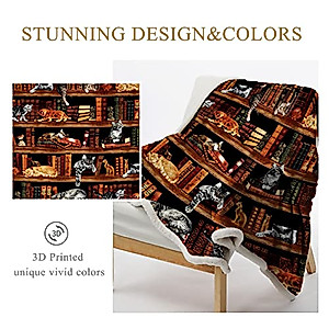 Dropshipful Bookshelf Cat Throw Blanket 50"x60" Plush Fluffy Sherpa Fleece Blanket Soft Throws for Sofa, Couch and Bed