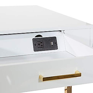 OSP Home Furnishings Broadway Modern Executive Desk with 3 Drawers and Charging Station, White Gloss Finish and Gold Frame