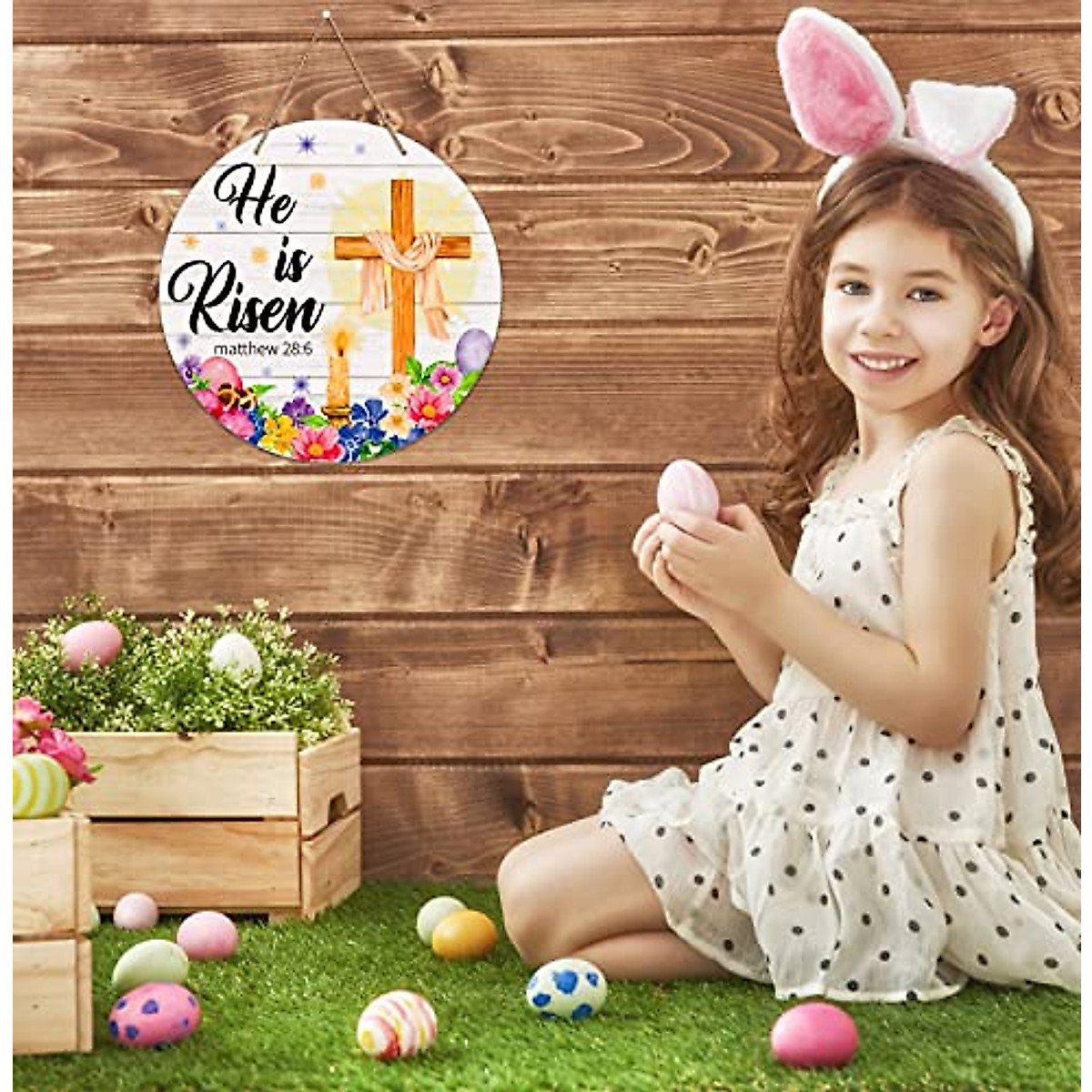 SICOHOME He is Risen Door Sign 11.5" Farmhouse Easter Cross Wreath Sign for Front Door Religious Easter Door Hanger Sign for Home Wall Farmhouse Porch Indoor Outdoor Spring Decor Supplies
