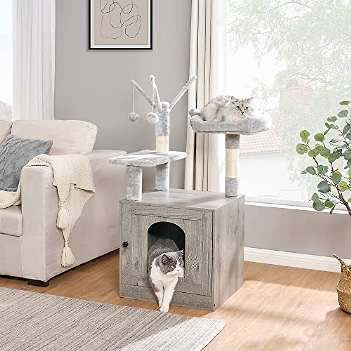 BEWISHOME Cat Litter Box Enclosure All-in-one Cat Tree with Litter Box Furniture Hidden Cat Tower with Plush Perch Scratching Posts Modern MMJ82Q