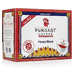 Puroast Low Acid Coffee Single-Serve Pods | House Blend | Medium Roast | Low Acid Certified | pH 5.5+ | Gut Health | Higher Antioxidants | Smooth | Compatible with Keurig 2.0 Coffee Makers (24 Count)