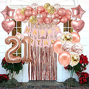 21st Birthday Decorations for Her, Happy Birthday Banner, Rose Gold Fringe Curtain, Heart Star Foil Confetti Balloons, Hanging Swirls for Women Girls 21st Rosegold Birthday Party Supplies