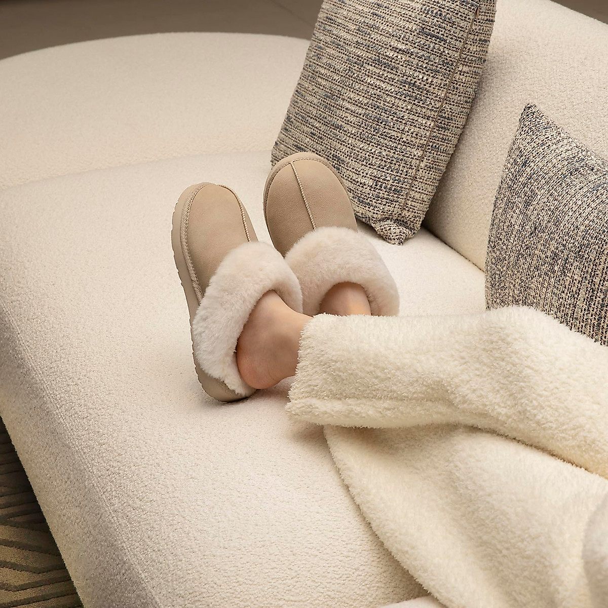 LazyStep Women's Madge Fuzzy Slippers with Comfort Memory Foam, Slip-on Warm Outdoor Indoor House Shoes(Parchment, Size 7-8)