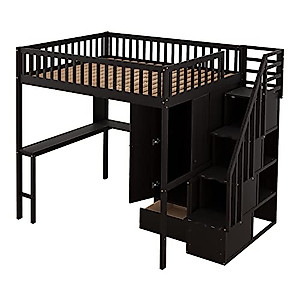 Merax Full Size Loft Beds Stairway Loft Bed Frame with Wardrobe, Desk, Bookcase and Drawers, Espresso