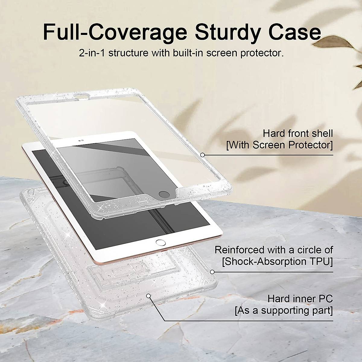 ZoneFoker Case for iPad Air 2 Case, for iPad 6th/5th Generation 2018/2017, for Apple iPad 9.7 inch with Screen Protector/Stand,Clear Glitter Full-Body Coverage Slim Cover for Girls Women Kids