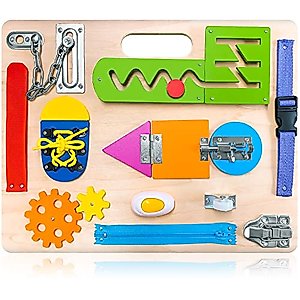 Montessori Busy Board for Toddlers, Wooden Sensory Toys, Preschool Learning Activities for Fine Motor Skills Travel Toy, Basic Life Skills Educational Gifts for 1 2 3 Years Old Kids Boys Girls
