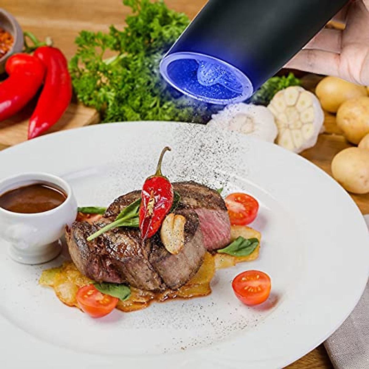 2 Pack Gravity Electric Salt and Pepper Grinder Set Automatic Battery Powered Salt Mill, Adjustable Coarseness, with Blue LED Light, One Hand Operated