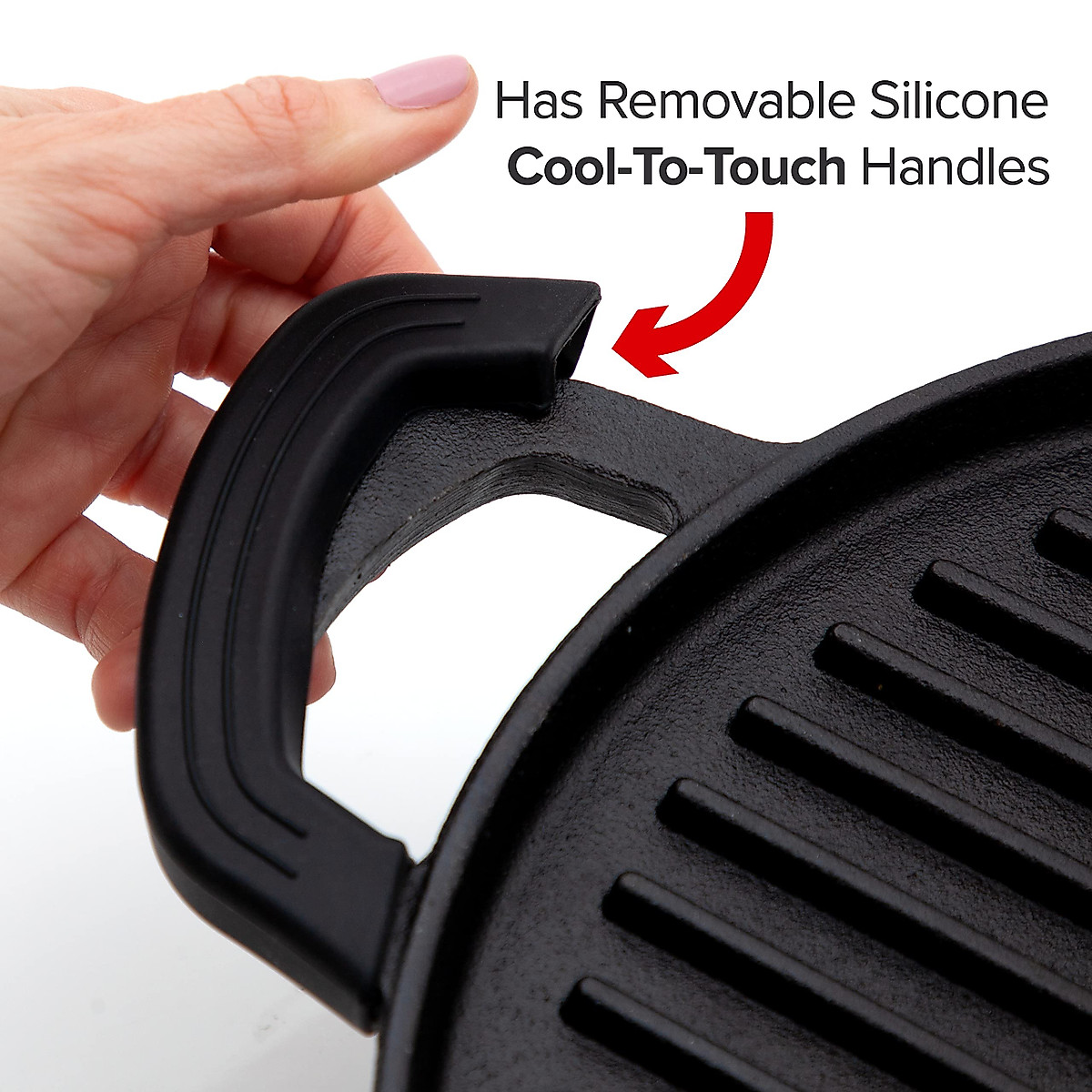 Nuwave Cast Iron Grill, 12.42”x10.21” Non-Stick Grilling Surface, Deep Grill Ridges, Pre-Seasoned, Stay-Cool Silicone Handles, Easy-to-Clean,Oven Safe,Stovetop,BBQ,Fire & Smoker,Induction-Ready,Black
