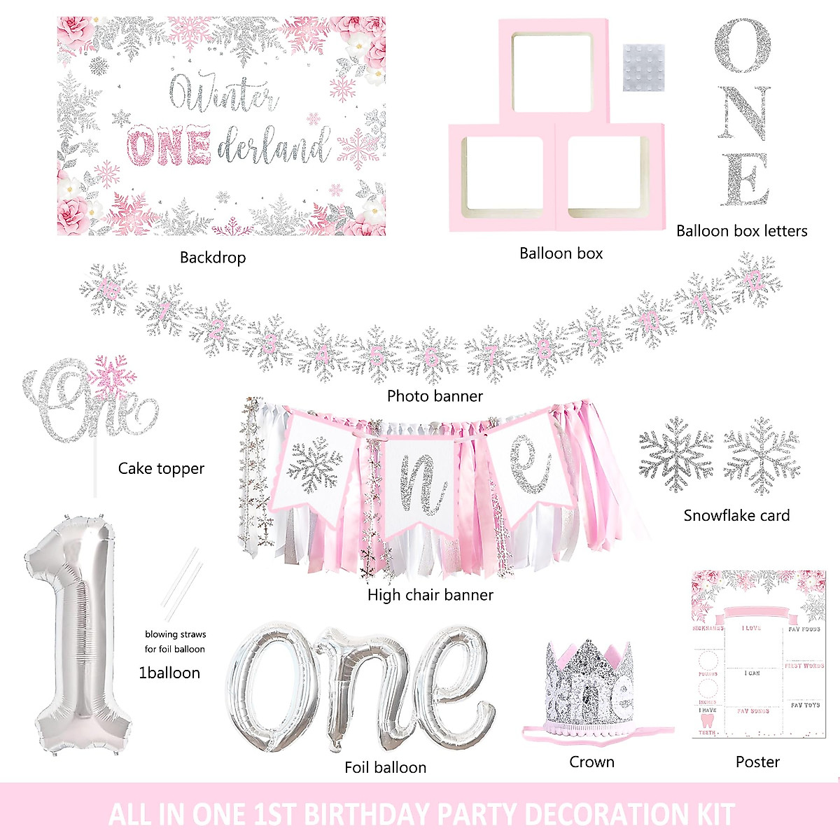 Winter Onederland Birthday Decorations, Winter Onederland 1st Birthday Decorations for Girl, Winter Onederland First Birthday Decor, Snowflake Photo Banner Highchair Banner Balloon Garland Balloon Box