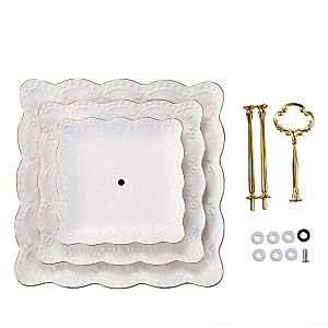 Sumerflos 3-Tier Square Porcelain Cake Stand, White Rimmed with Gold Embossed Cupcake Dessert Stand - Tiered Serving Tray for Tea Party and Show