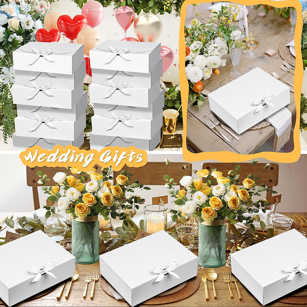 WLUSEAXI 12Pack Gift Boxes, 10x10x4 Inches Bridesmaid Proposal Box, White Boxes for Gifts, Paper Gift Box with Ribbon for Presents, Wedding, Bridal Shower, Baby Shower, Birthday Party, Graduation