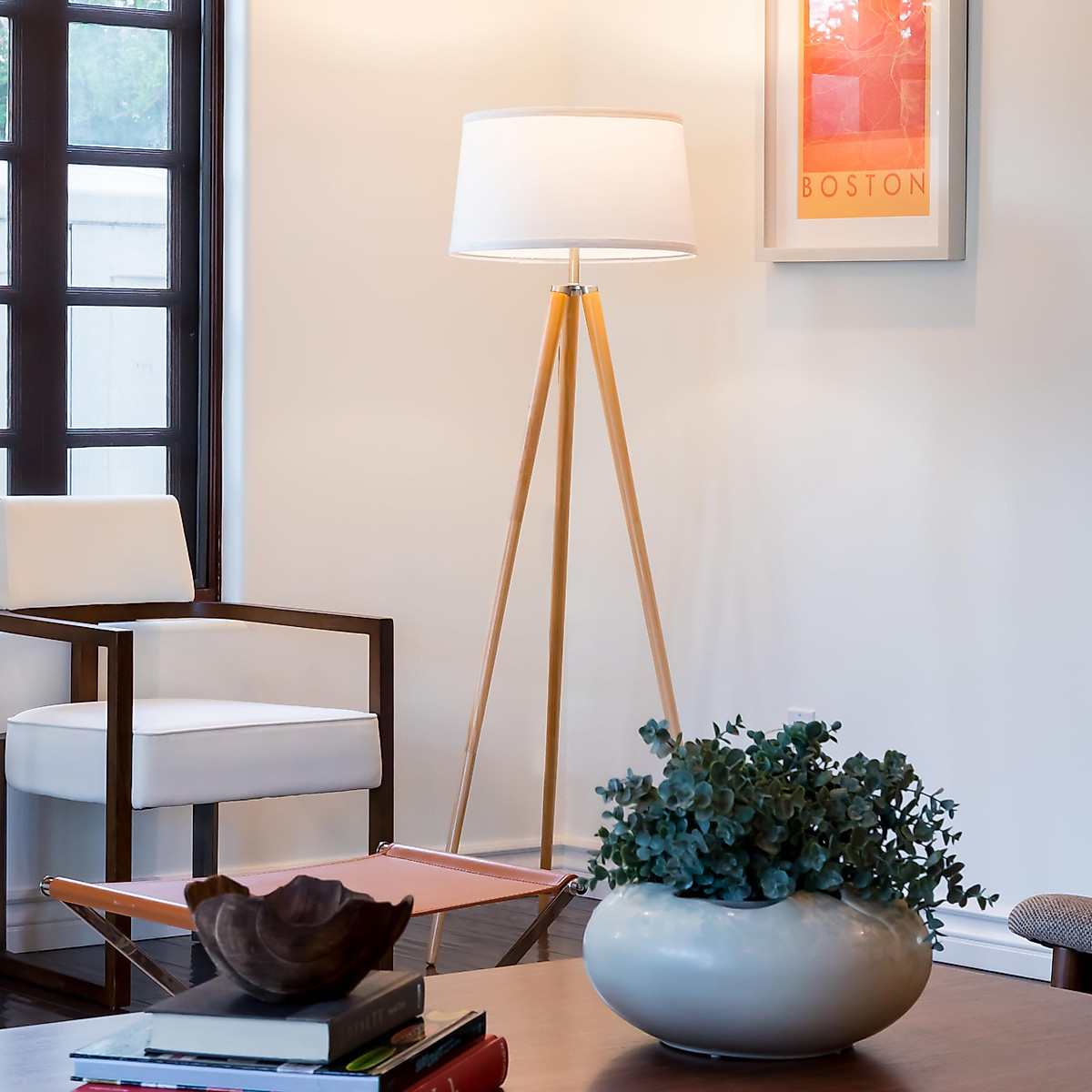 Brightech Emma LED Floor Lamp, Tall Lamp with Wood Legs, Mid-Century Modern Standing Lamp for Bedroom Reading, Tripod Lamp for Living Rooms & Offices, Great Living Room Décor