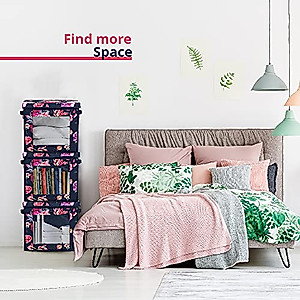 Foldable Clothes Storage Bag Organizer Dual Access Magnetic Bins Strong Handle Quality Fabric for Collapsible Closet Boxes Under the Bed Linen Bedding Blankets (Navy floral, SML Combo 3 pack)