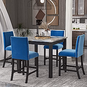 Lifeand 5-Piece Counter Height Set with One Faux Marble Dining Table and Four Upholstered-Seat Chairs,for Kitchen and Living Room Furniture, OneSize, Blue