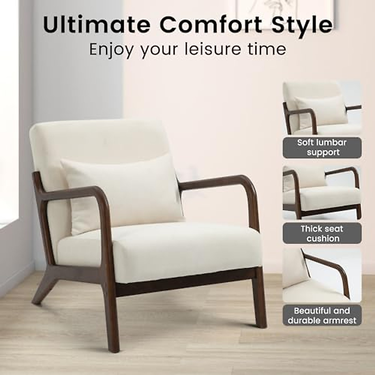 Unovivy Mid-Century Modern Accent, Upholstered Lounge Armchair with Wood Frame Thick Padded Backrest & Seat Cushion, Single Sofa Chair for Living, Bedroom, Reading Room, ‎30" Depth, White