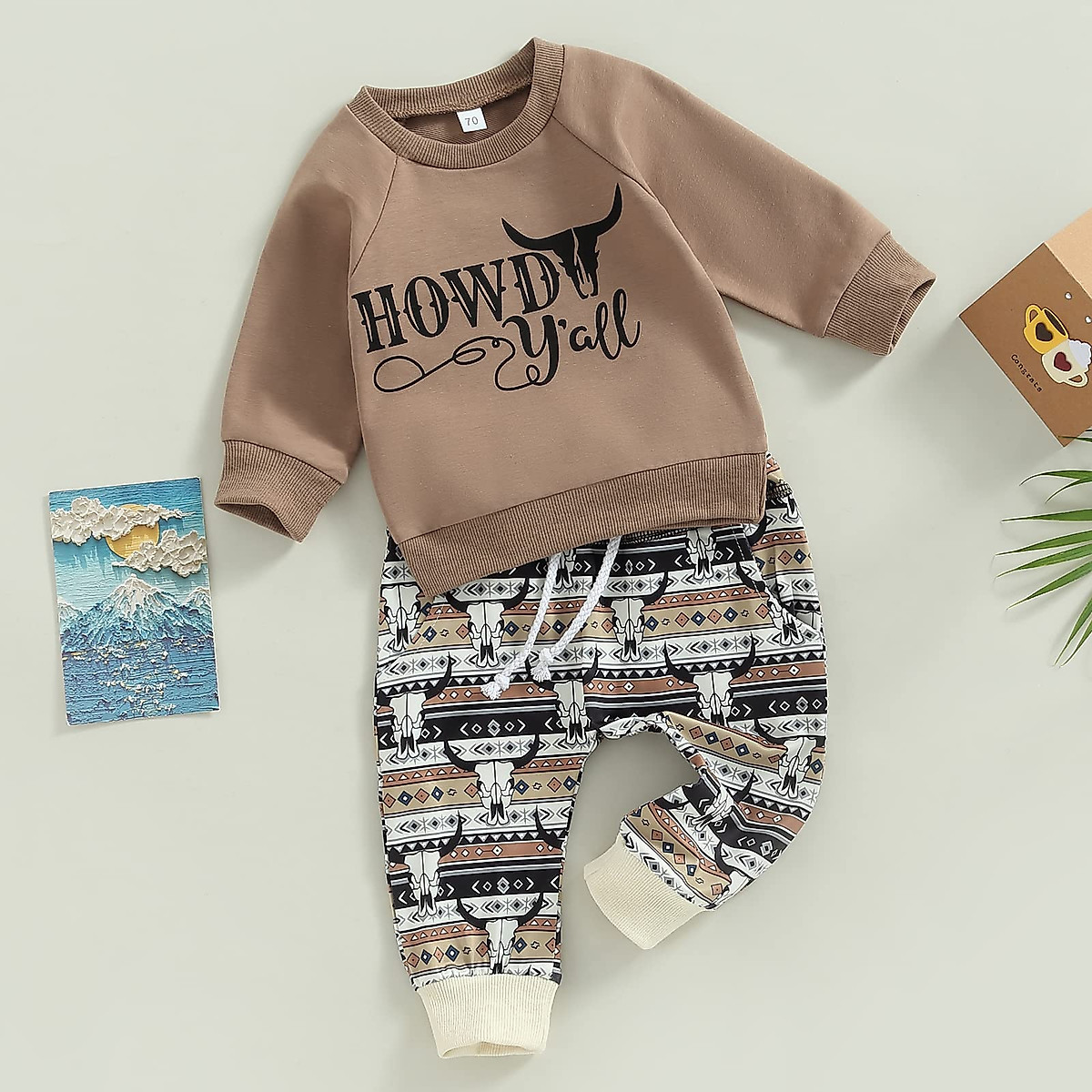 2Pcs Toddler Baby Boy Western Clothes Cow Print Long Sleeve Pullover Sweatshirt Tops+Jogger Pants Fall Winter Outfits (Coffee, 0-6 Months)
