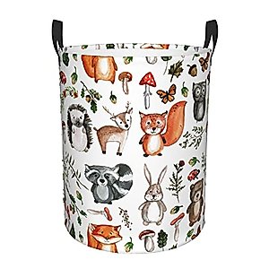 Woodland Animals Watercolor Bear Deer Squirrel Owl Mushroom Laundry Hamper With Handle Foldable Durable Laundry Basket Storage Bin Dirty Clothes Organizer Bag For Bedroom Bathroom Nursery
