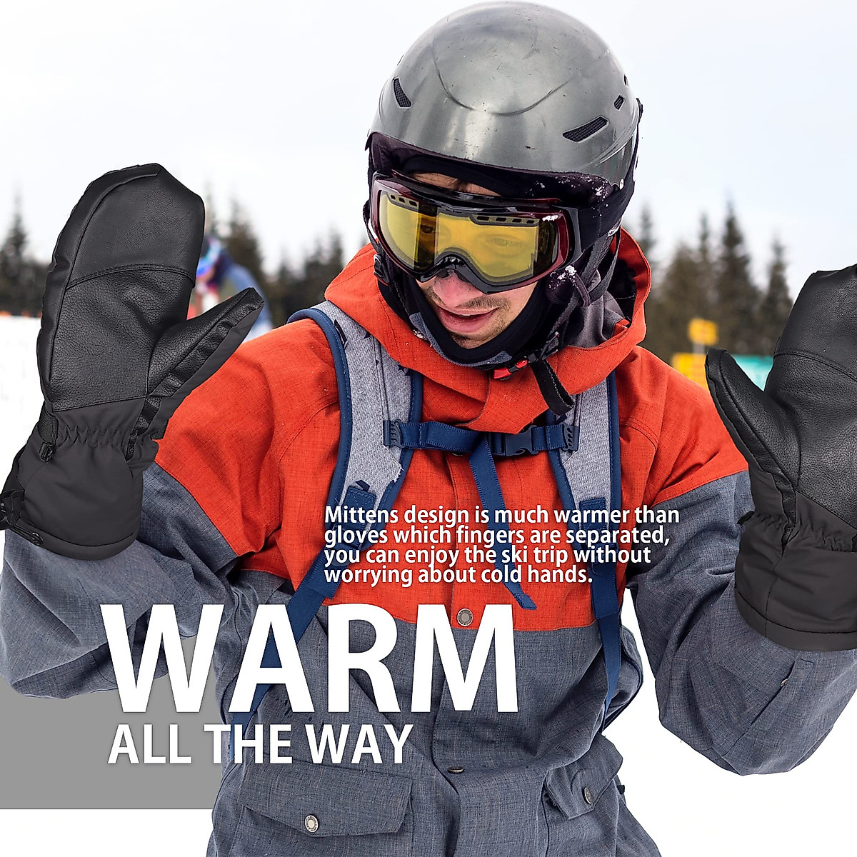 EXski Ski Mittens for Men, Waterproof Warm 3M Thinsulate Winter Snowboard Mitts with Wrist Leashes