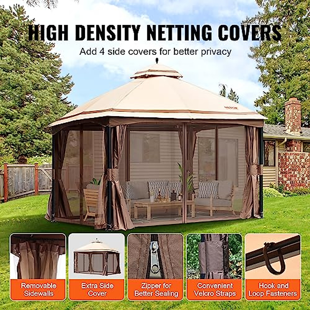 VEVOR Patio Gazebo for 10-12 Person, 10 x 13 FT Backyard Gazebo, with Mosquito Netting, Metal Frame, and PU Coated 180G Polyester, Outdoor Canopy Shelter for Patio, Backyard, Lawn, Garden, Deck