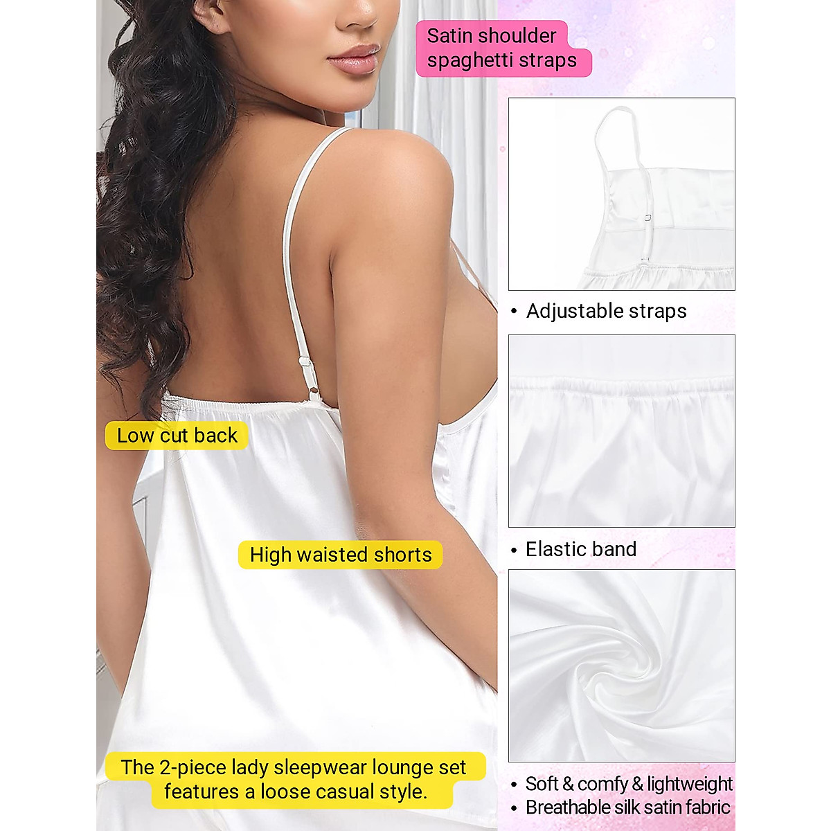 Kwunbwa Women's Silk Satin Pajama Set Cowl Neck Cami Top and Shorts Sexy Lounge Sleepwear, White, XX-Large
