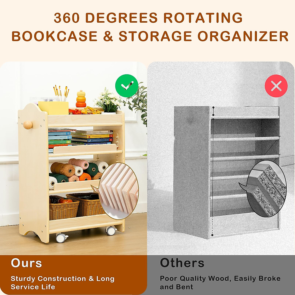 kidi house Rolling Storage Cart on Wheels 4-Tier Wooden Utility Cart Art Cart Organizer for Kids Multi-Functional Movable Birch Trolley Kids Bookshelf Art Crafts Supply Shelf Montessori Furniture