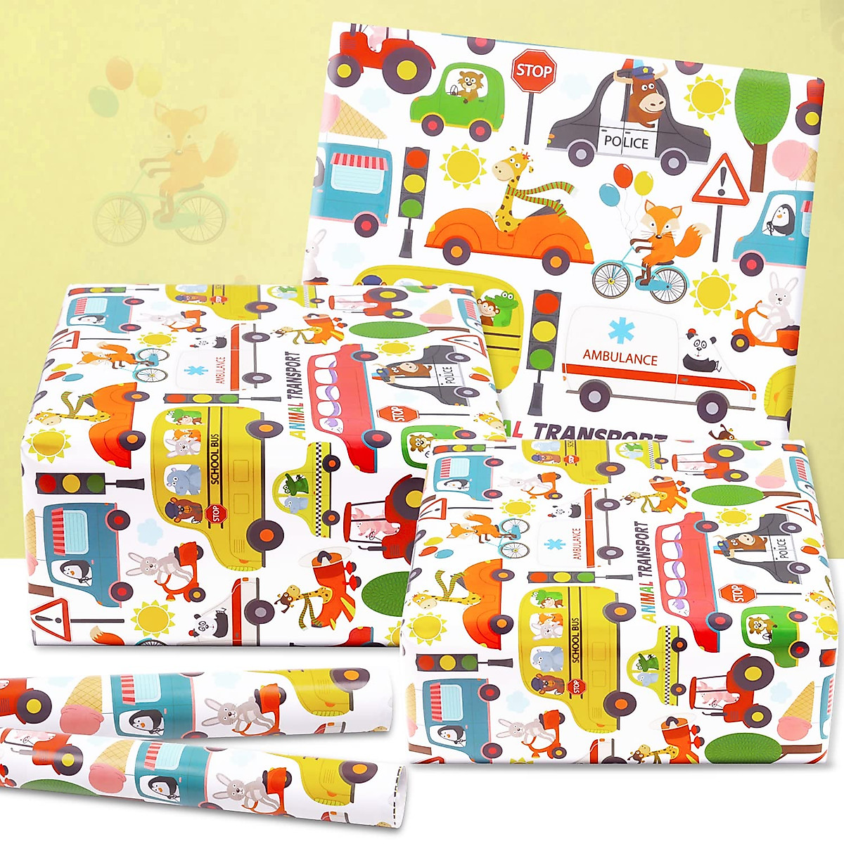 NEPOG Birthday Wrapping Paper for Kids Boys Girls, Animal Transport Design Gift Wrapping Paper, Cartoon Animals 6 Sheets Folded Flat 20x28 inches per Sheet for Birthday Baby Shower
