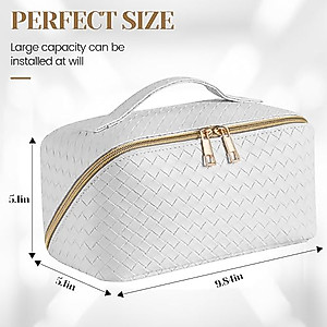 SFXULIX Large Capacity Travel Cosmetic Bag - Makeup Bag, PU Leather Waterproof Cosmetic Bag, Women Portable Travel Makeup Bag With Handle and Divider Flat Lay Makeup Organizer Bag, White