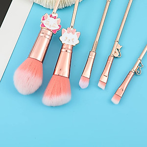 Marie Cartoon Cat Makeup Brushes - 5pcs Cute Animal Designed Soft Pink Makeup Brushes Set, Professional Cosmetic Tool Kit Pink Drawstring Bag Included for Girls and Women (6PCS)