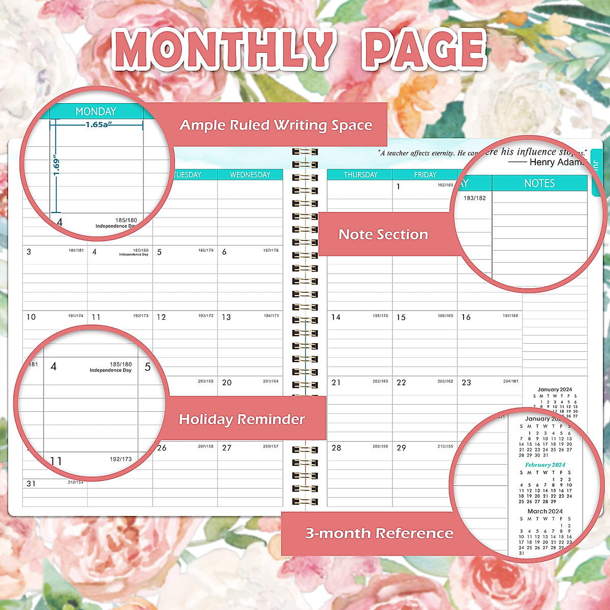Teacher Planner 2023-2024 - 2023-2024 Teacher Planner, Academic Planner 2023-2024 from July 2023 to June 2024, 8" x 10", Teacher Lesson Plan Book with Quotes, Strong Twin-wire Binding - Floral
