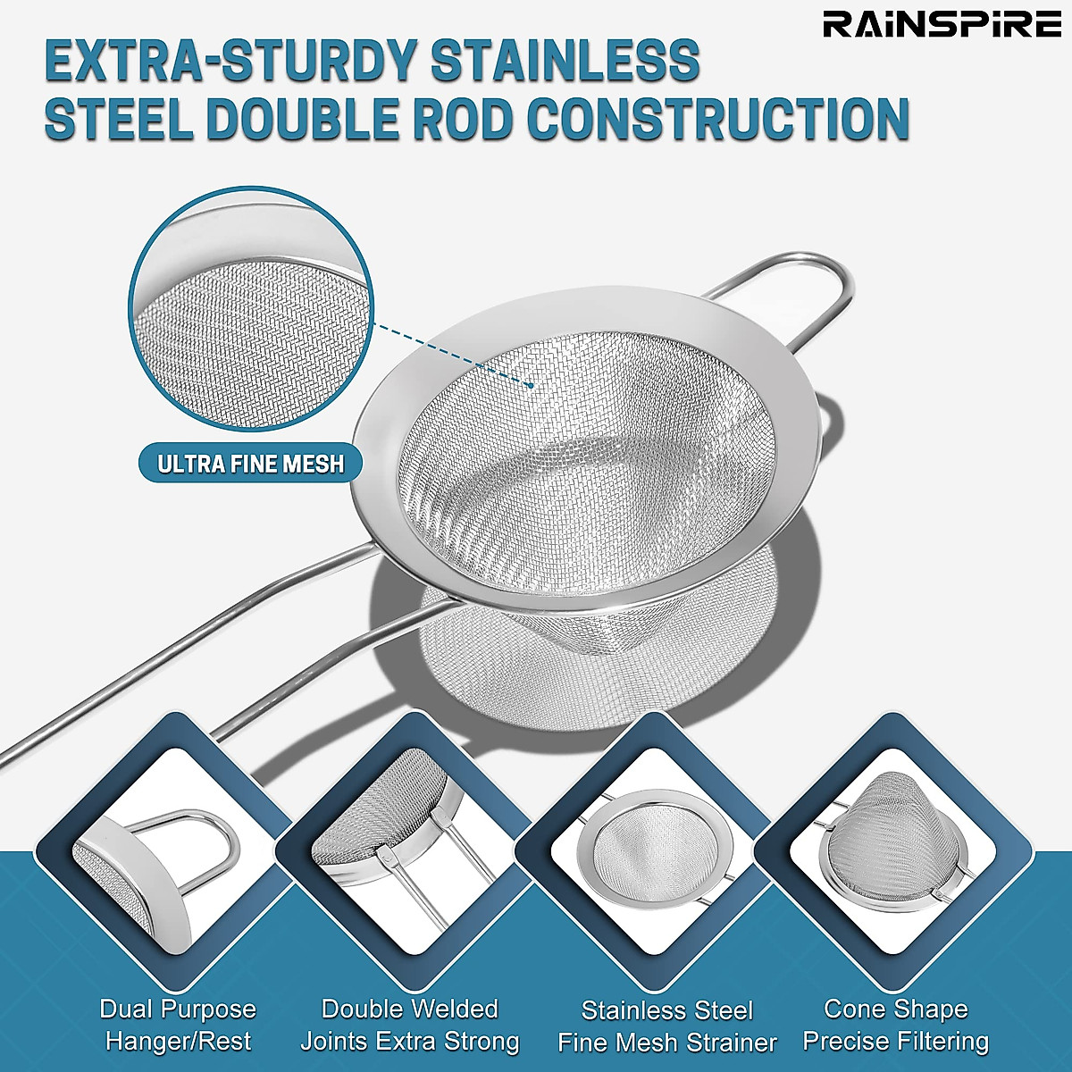 Rainspire Stainless Steel Small Strainer Fine Mesh Strainer, Mini Cocktail Strainer For Cocktails Tea Herbs Coffee & Drinks, Tea Strainer with Handle, Rust Proof, Silver