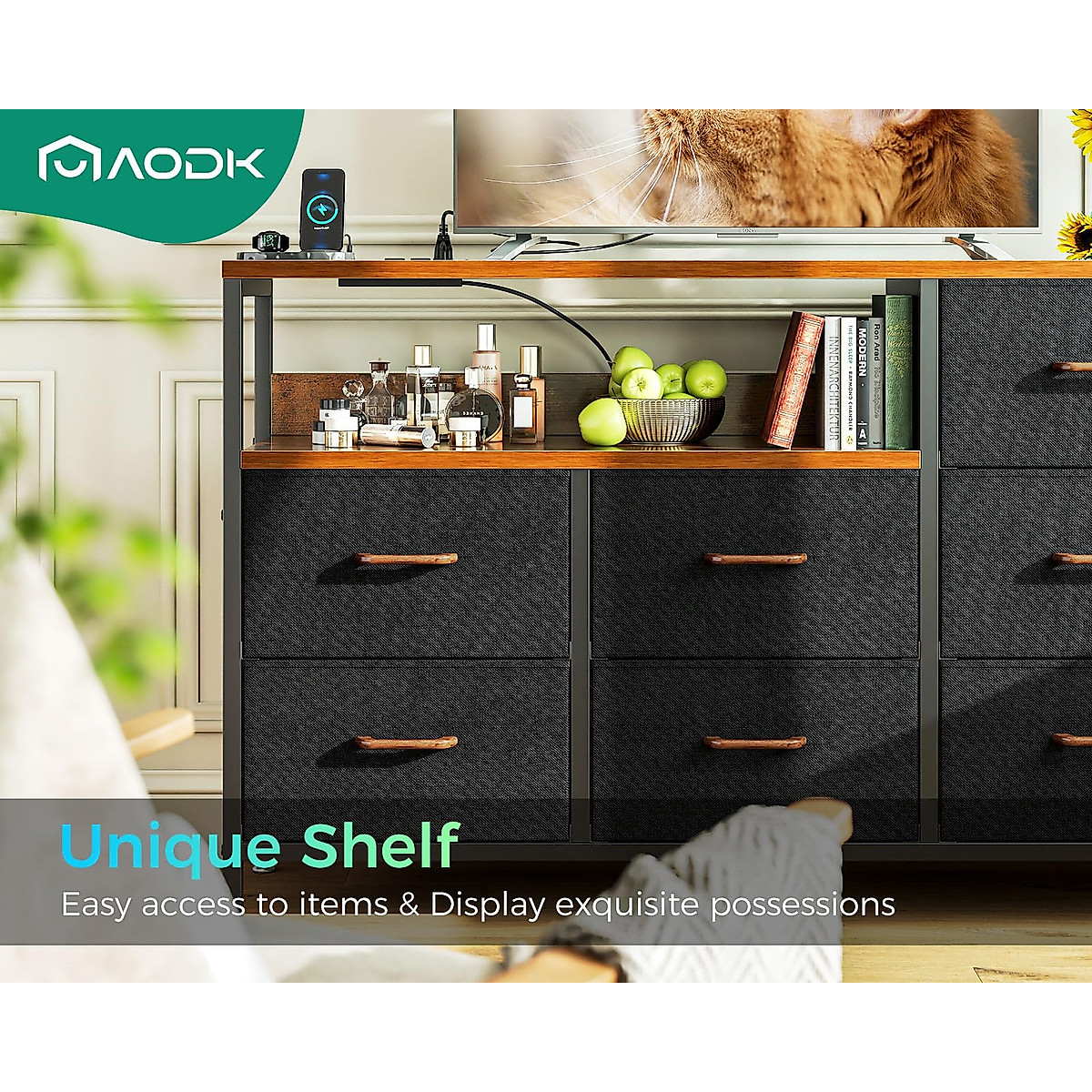 AODK Dresser with Charging Station, 52-Inch Long Dresser for Bedroom with 7 Large Fabric Drawers, Dresser TV Stand with Open Shelves for 55-Inch TV, Vintage