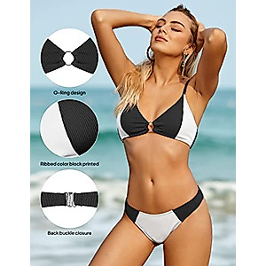 ZAFUL Bikini Sets for Womens Swimsuits Color Block O-Ring Bikini Two Piece Bathing Suits Thong Bikini Swimsuit (Black M)