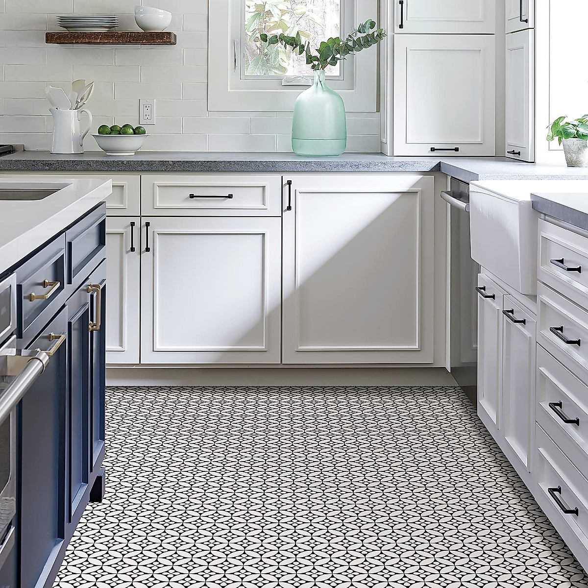 FloorPops FP3564 Fleur Peel & Stick Floor Tiles, Black