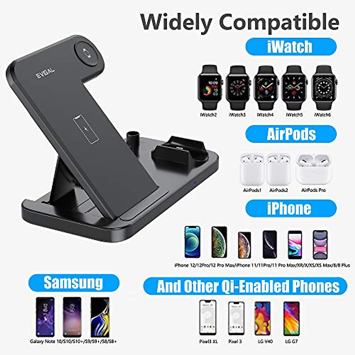EVIGAL 4 in 1 Wireless Charger, Qi-Certified Fast Charging Station Compatible Apple Watch & AirPods & Apple Pencil, iPhone 14/13/12/11/11Pro/X/XS/XS Max/XR/8/8Plus, Samsung (with QC3.0 Adapter)
