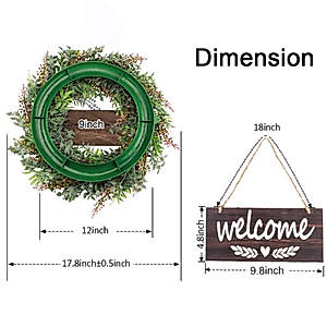 18in Artificial Green Wreath for Front Door with Welcome Sign Red Flower Fall Christmas Wreath Gypsophila Green Leaves Wreath for Window Home Porch Farmhouse Patio Garden Party Decor