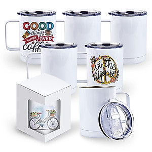 BetterSub 12oz Sublimation Tumbler Mugs with Handle and Sliding Lid, Display Box, Stainless Steel Coffee Camping Mugs Double Wall Vacuum Insulation Sublimation Blank, 6 Packs White