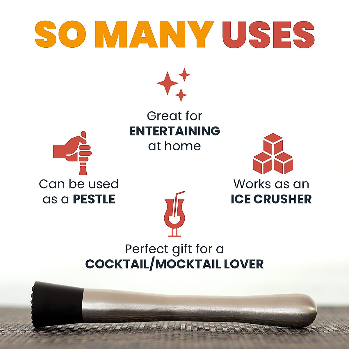 Drink Muddler for Cocktails, 8 Inch Old Fashioned/Mint Julep/Mojito Muddler, Stainless Steel Bartending, Kitchen Muddler Tool