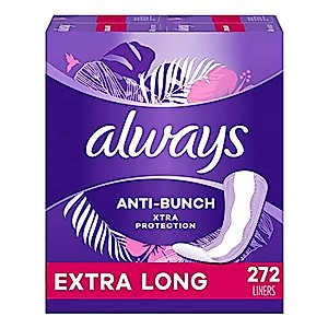 Always Anti-Bunch Xtra Protection, Panty Liners For Women, Light Absorbency, Extra Long Legnght, Multipack, Leakguard + Rapiddry, Unscented, 68 Count x 4 Packs (272 Count total)