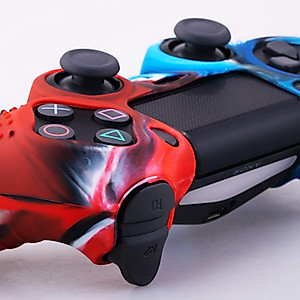 YoRHa Studded Dots Silicone Rubber Gel Customizing Cover for Sony PS4/slim/Pro Dualshock 4 Controller x 1(Camou Red&Blue) with Pro Thumb Grips x 10